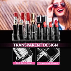 Vante Lipstick Holder - Acrylic Makeup Organizer Stand for Multipurpose Storage for Vanity- Lip Gloss Tubes, Balm, Mascara, Skincare- Clear Cosmetic Display Case with 24 Compartments