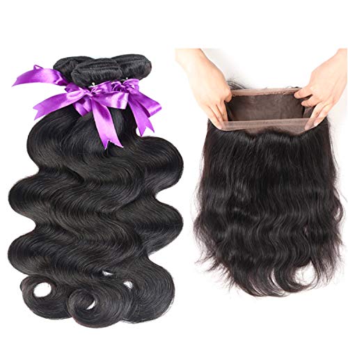 Hair Extensions, Wigs & Accessories Body Hair Wave 360 Lace Frontal With 3 Bundles Body Wave Peruvian Human Hair Weave Bundles with Frontal Closure Non-remy for Women (Length : 24 26 26 Closure20)