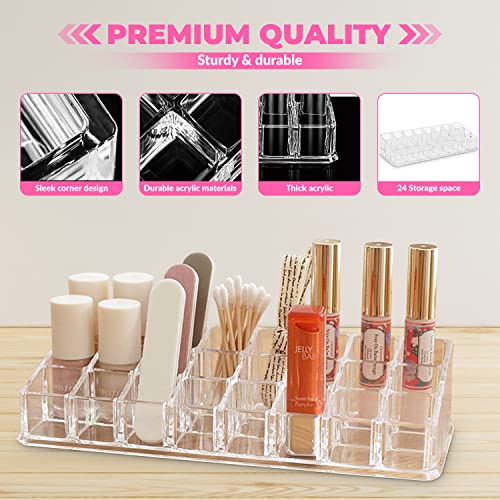 Vante Lipstick Holder - Acrylic Makeup Organizer Stand for Multipurpose Storage for Vanity- Lip Gloss Tubes, Balm, Mascara, Skincare- Clear Cosmetic Display Case with 24 Compartments