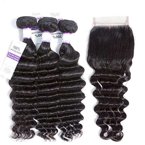 Hair Extensions, Wigs & Accessories Loose Deep Wave 3 Bundles With 4 * 4 Closure Brazilian Hair Weave Bundles Non Remy 100% Human Hair Extension for Women