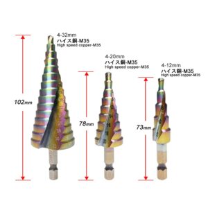 FEWELL M35 Titanium Step Drill Bits 3 Pieces,Spiral Flute Step Bit（4mm—12/20/32mm),Hex Shank Unibit for Metal, Wood, Stainless Steel, Plastic（29 Size）