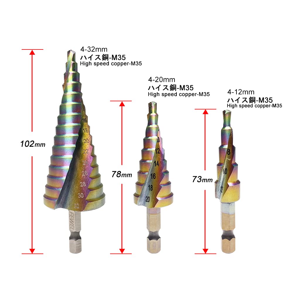 FEWELL M35 Titanium Step Drill Bits 3 Pieces,Spiral Flute Step Bit（4mm—12/20/32mm),Hex Shank Unibit for Metal, Wood, Stainless Steel, Plastic（29 Size）