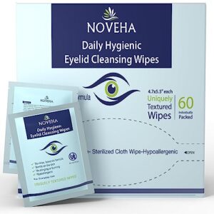 noveha daily hygienic eyelid & lash wipes | for blepharitis & itchy eyes, demodex | box of 60 individually wrapped eyelash wipes, natural makeup remover & daily cleanser