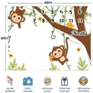 Naughty Little Monkey Baby Monthly Milestone Blanket for Boy Girl, Baby Blanket with Month Marker Frame, 48x40in，1-12 Months Milestones, for Baby Showers and Newborn BTZYFH7