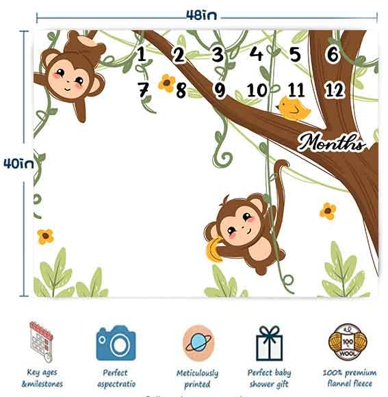 Naughty Little Monkey Baby Monthly Milestone Blanket for Boy Girl, Baby Blanket with Month Marker Frame, 48x40in，1-12 Months Milestones, for Baby Showers and Newborn BTZYFH7