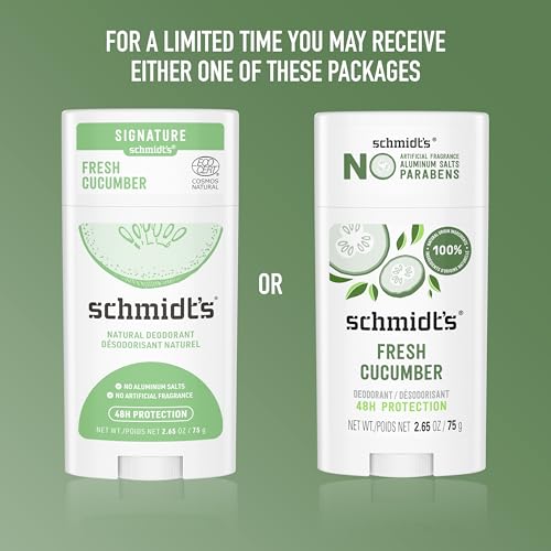 Schmidt's Aluminum-Free Vegan Deodorant Fresh Cucumber 4 Count for Women and Men, with 24 Hour Odor Protection, Natural Ingredients, Cruelty-Free, 2.65 oz