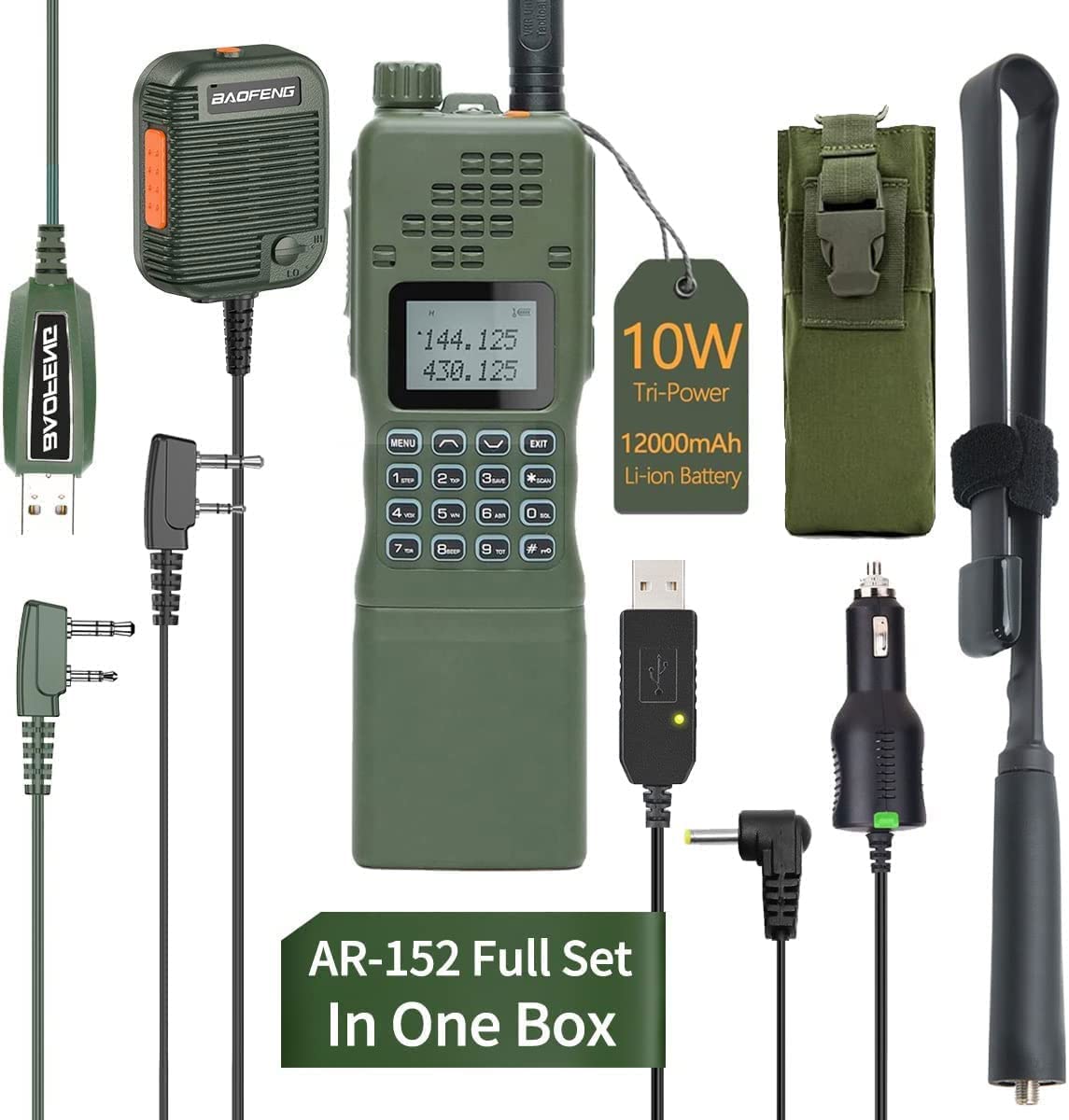 AR-152 10W Powerful Ham Radio Military Grade Long Range Two Way Radio with 12000mAh Larger Battery,Tactical Antenna,Speaker Mic and USB Charging Cable Full Kits