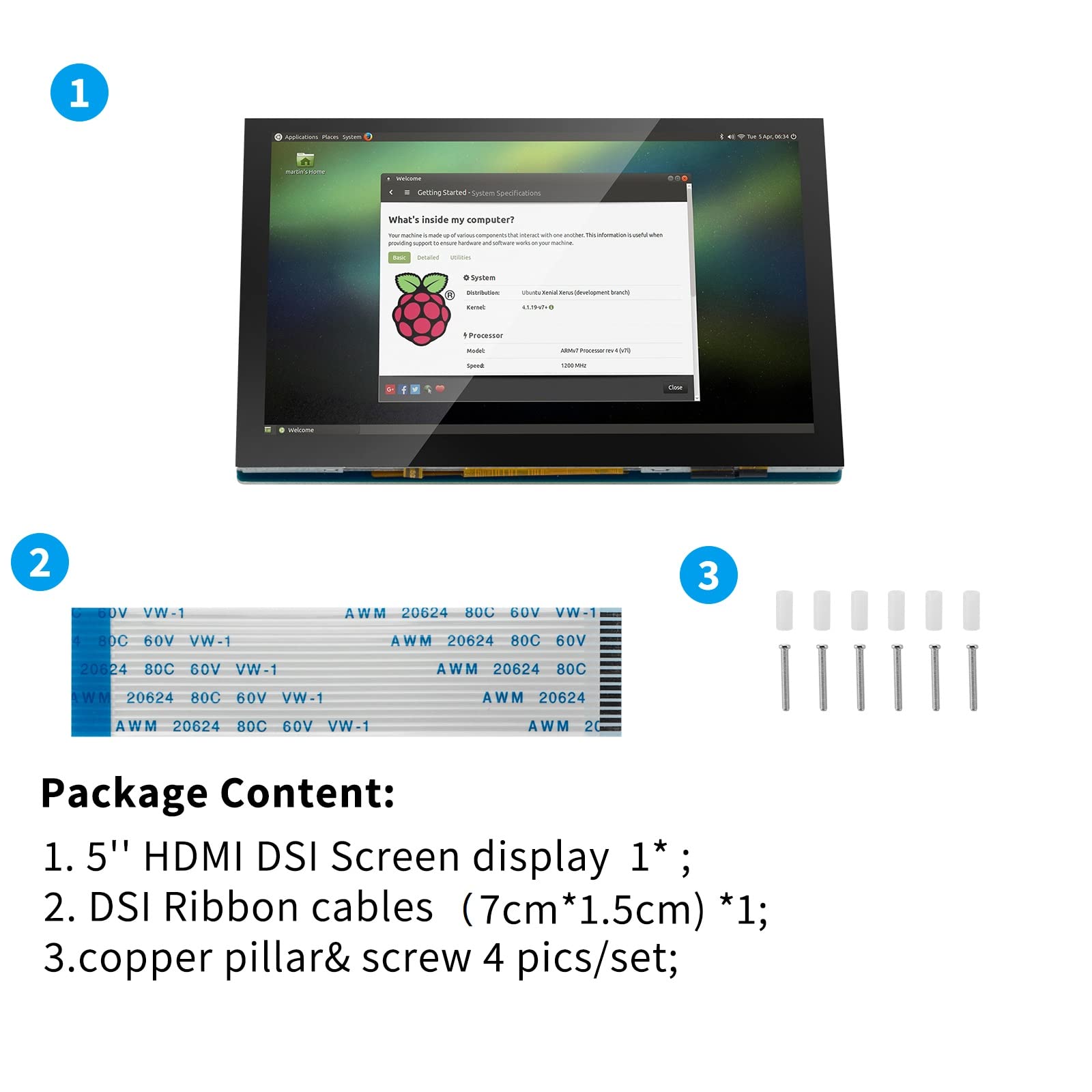 Portable 5'' HDMI Touchscreen - AURSINC IPS LCD Display Monitor for Raspberry Pi 4 4B 3B+ 3B 3A+ 2B B+ Windows 7/8/10 | Capacitive Touch Panel with DSI Cables | 800x480 PXS | Plug & Play Driver Free