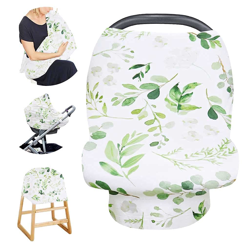 Car Seat Cover for Babies & Nursing Pillow Cover, Green Leaf Car seat Canopy for Boys Girls, Breastfeeding Pillow Slipcover, Soft Fabric Fits Snug On Infant