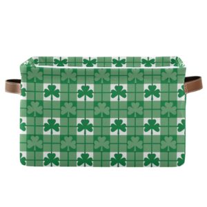 senya st. patrick's day storage basket, large foldable storage basket with handles, green shamrocks with plaid fabric collapsible storage bins organizer bag