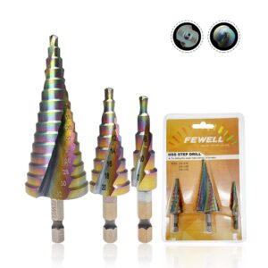 fewell m35 titanium step drill bits 3 pieces,spiral flute step bit（4mm—12/20/32mm),hex shank unibit for metal, wood, stainless steel, plastic（29 size）