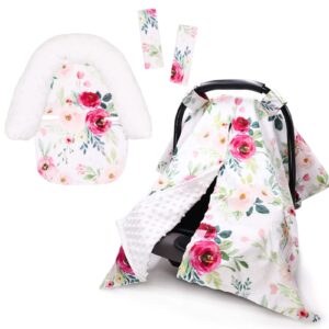 car seat cover & carseat headrest, flower peekaboo opening minky carseat canopy head support & seat belt cover, car accessories for newborn girls