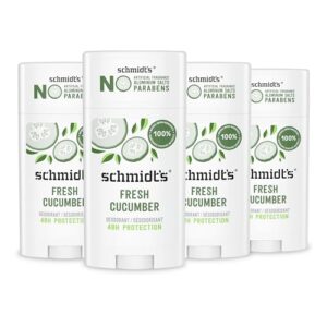 schmidt's aluminum-free vegan deodorant fresh cucumber 4 count for women and men, with 24 hour odor protection, natural ingredients, cruelty-free, 2.65 oz