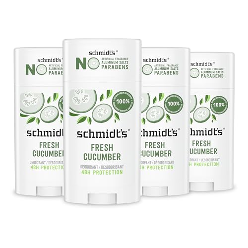 Schmidt's Aluminum-Free Vegan Deodorant Fresh Cucumber 4 Count for Women and Men, with 24 Hour Odor Protection, Natural Ingredients, Cruelty-Free, 2.65 oz