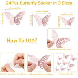 3D Butterfly Wall Decals, 48pcs 3 Sizes 3D Butterfly Wall Stickers Butterfly Wall Decor Decal Removable Mural for Bedroom Living Room Nursery Classroom Offices Wedding Party Cake Decoration(Rose Gold)