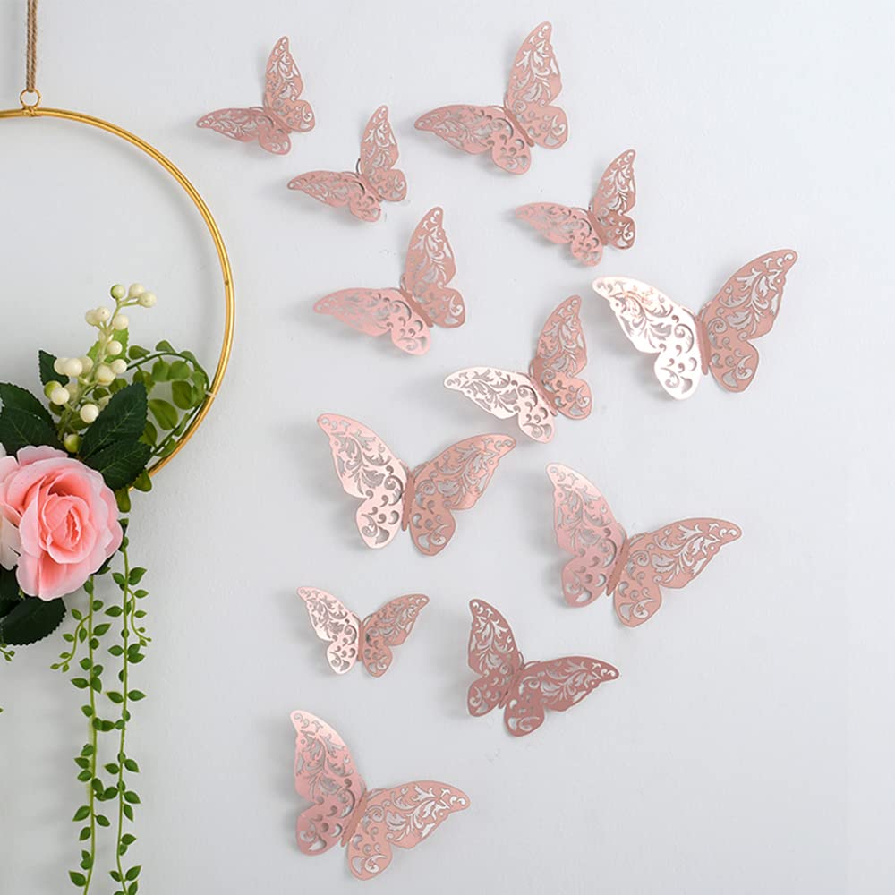 3D Butterfly Wall Decals, 48pcs 3 Sizes 3D Butterfly Wall Stickers Butterfly Wall Decor Decal Removable Mural for Bedroom Living Room Nursery Classroom Offices Wedding Party Cake Decoration(Rose Gold)