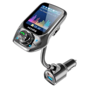 v5.0 bluetooth fm transmitter for car, confase bluetooth car adapter hands-free car kit with 1.8 inch color screen, qc3.0 fast charge, auto frequency tuning and 5 eq modes, support u disk/tf card/aux