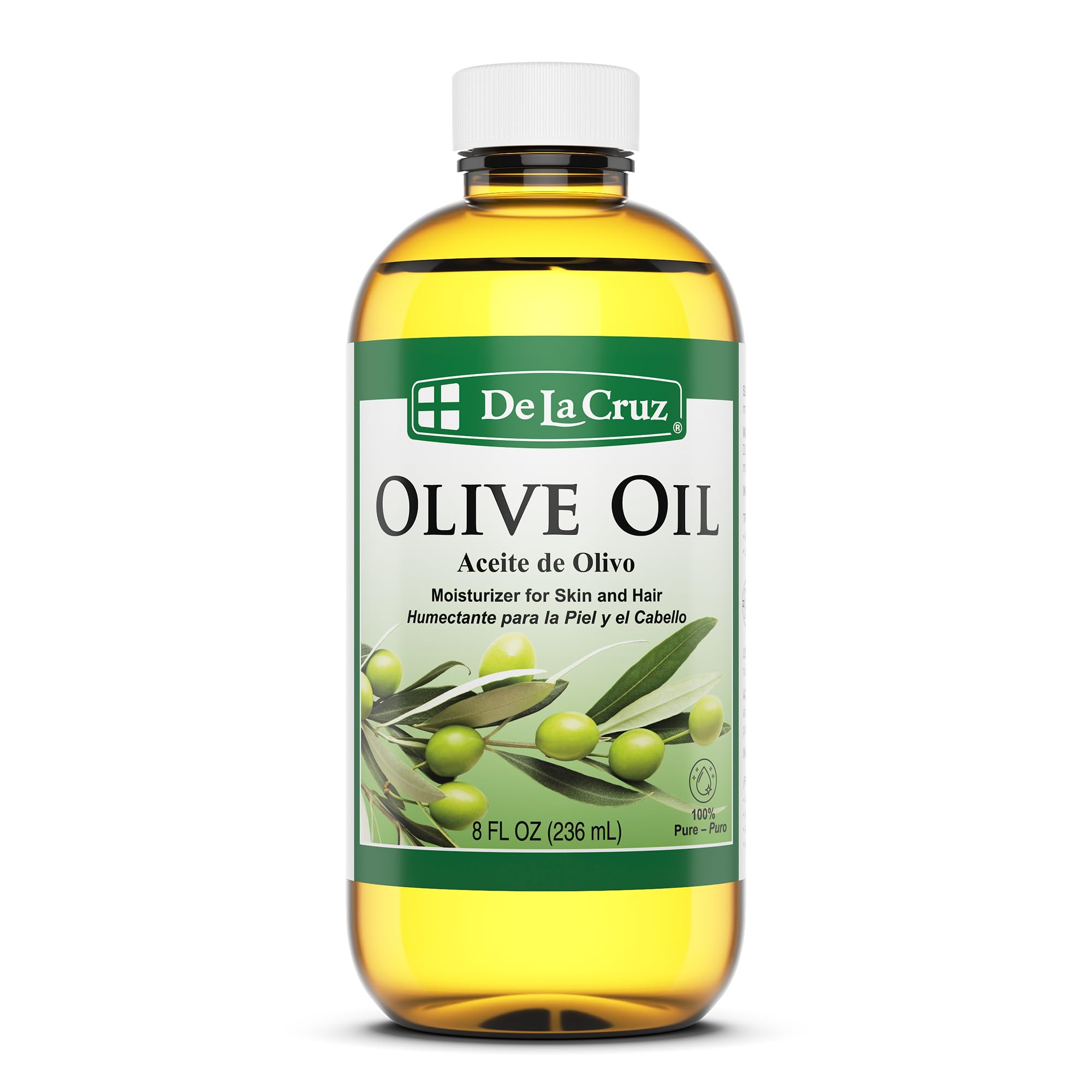 De La Cruz Pure Olive Oil - Natural Expeller Pressed Olive Oil for Hair and Skin - Lightweight Body Oil for Dry Skin 8 Fl Oz