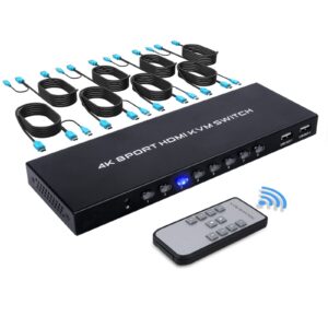 tcnewcl 8 port kvm switch hdmi, 4k@30hz 8 in 1 out hdmi kvm switch for 8 pc sharing 1 hd monitor and 4 usb devices with ir remote & 8 hdmi cables