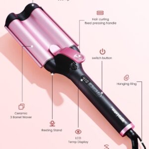 Wavytalk Professional Hair Crimper Curling Iron Wand Hair Waver 3 Barrel Beach Waves Rose Gold