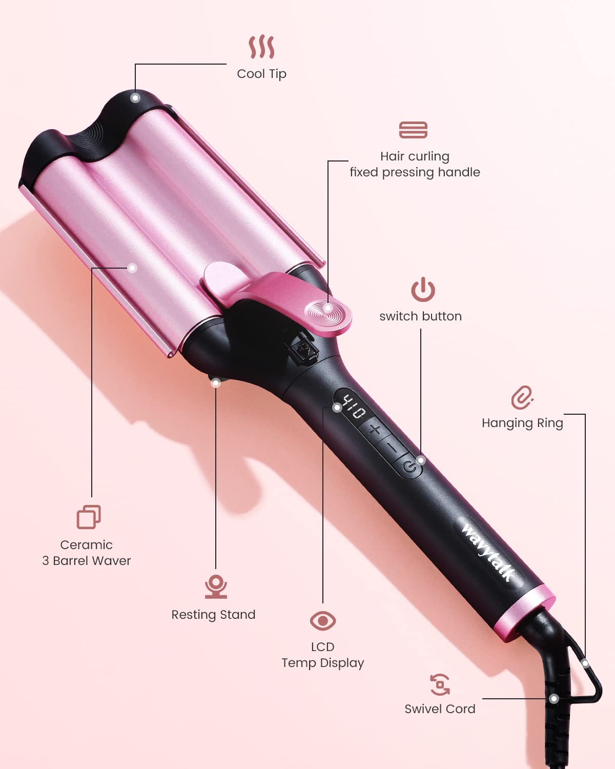 Wavytalk Professional Hair Crimper Curling Iron Wand Hair Waver 3 Barrel Beach Waves Rose Gold