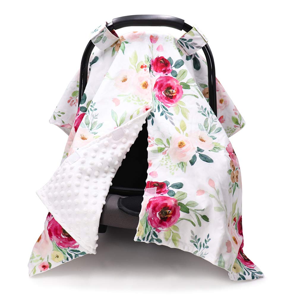 Car Seat Cover & Carseat Headrest, Flower Peekaboo Opening Minky Carseat Canopy Head Support & Seat Belt Cover, Car Accessories for Newborn Girls