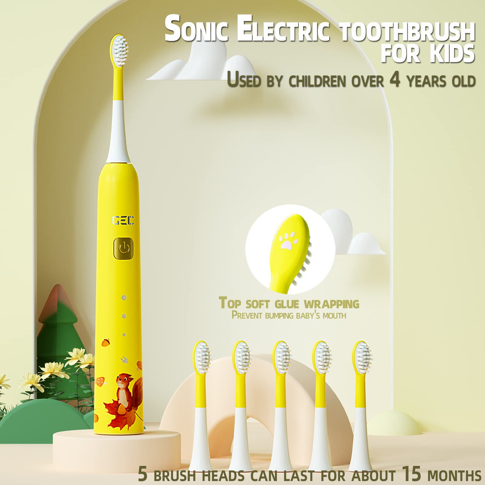 GEC Products Kids Sonic Rechargeable Electric Toothbrush,Soft Head for Protact,Children's Electric Toothbrushes,6 Modes,44000 Vibrations Per Minute,Ipx7 Waterproof,2-Min Timer for Age 4+