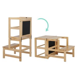 joymor kids kitchen standing tower with safety rail, chalkboard, children learning step tower for kitchen counter, mothers' helper (natural)