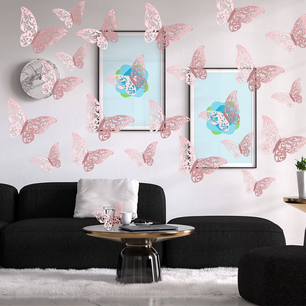 3D Butterfly Wall Decals, 48pcs 3 Sizes 3D Butterfly Wall Stickers Butterfly Wall Decor Decal Removable Mural for Bedroom Living Room Nursery Classroom Offices Wedding Party Cake Decoration(Rose Gold)