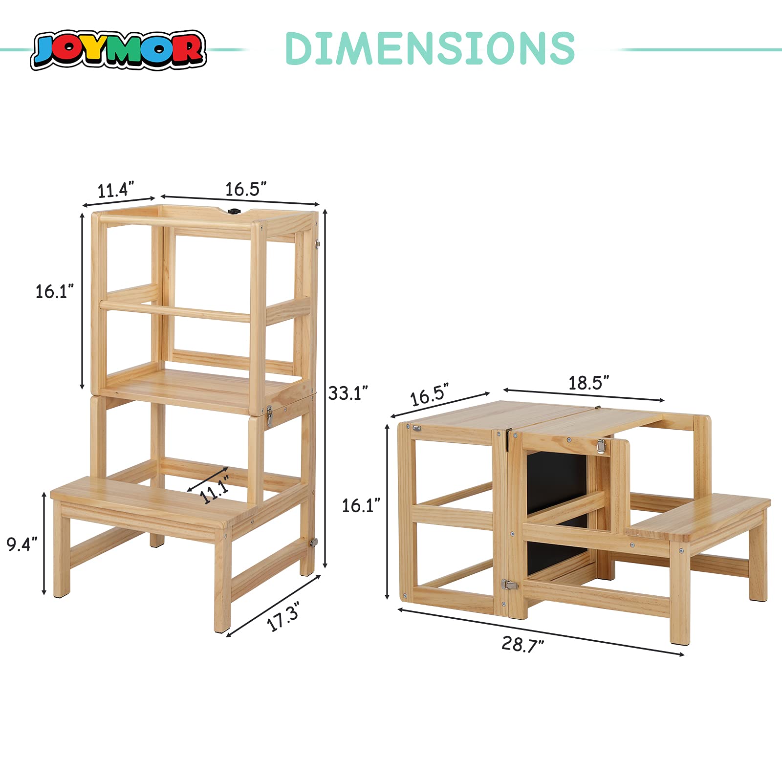 JOYMOR Kids Kitchen Standing Tower with Safety Rail, Chalkboard, Children Learning Step Tower for Kitchen Counter, Mothers' Helper (Natural)