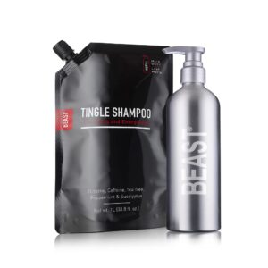 beast tingle shampoo 1l (33.8 fl oz) pouch + reusable durable aluminum 16oz beast bottle