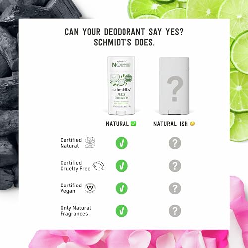 Schmidt's Aluminum-Free Vegan Deodorant Fresh Cucumber 4 Count for Women and Men, with 24 Hour Odor Protection, Natural Ingredients, Cruelty-Free, 2.65 oz