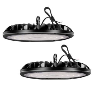 royana 100w led ufo high bay light 2 pack, 10000lm garage lights high-light ceiling led with 1.2m cable 110v plug led light commercial grade lighting 6000k shop lights for factory warehouse workshop