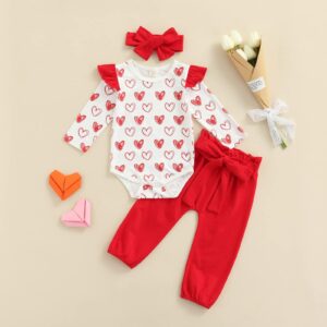 oneflow Infant Baby Girls Valentines Day Outfits Love Heart Print Shirt Romper Bodysuit Onesie Pants Newborn Clothes Set (A-Red Heart Romper Outfit, 0-6 Months)