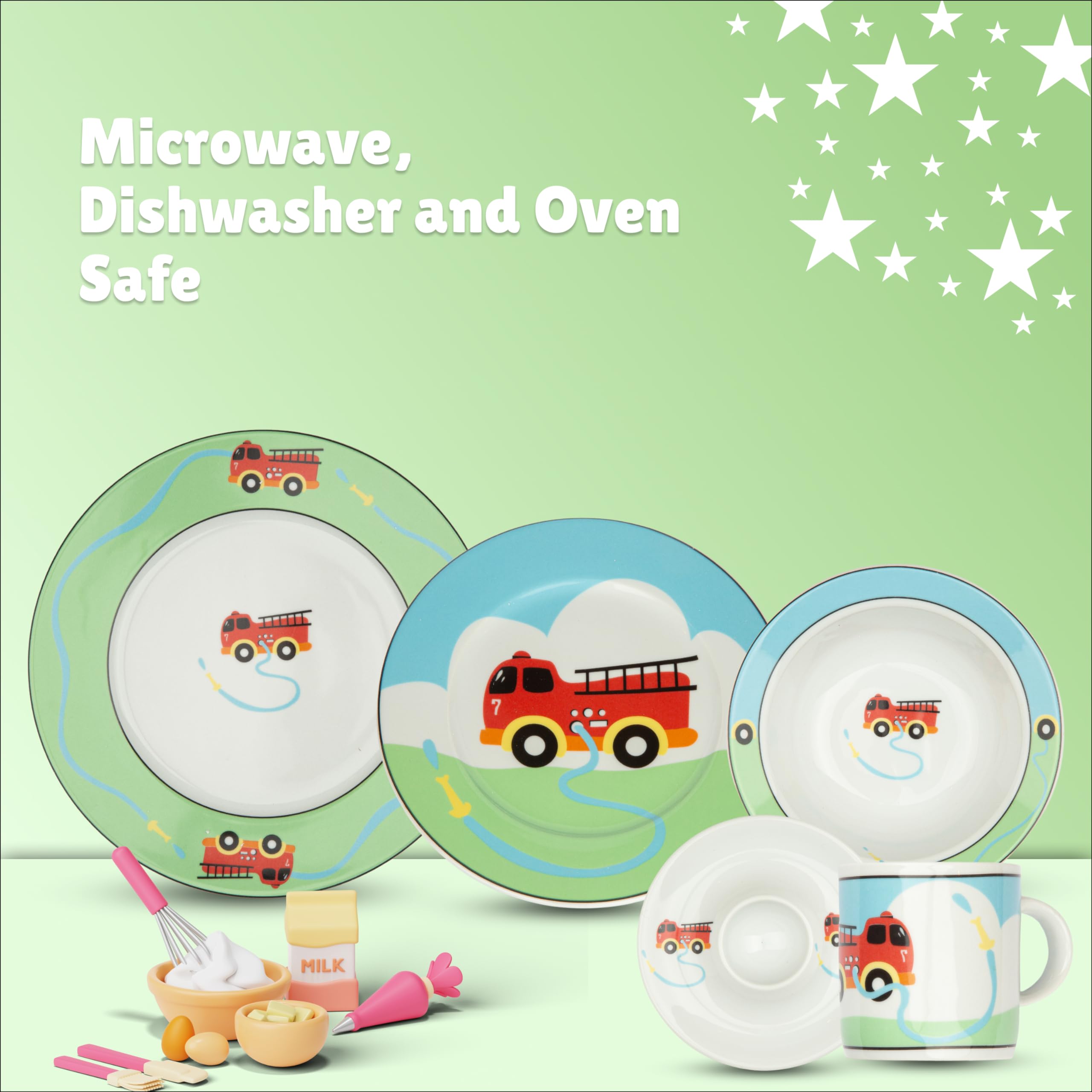 Children's Porcelain Dinnerware Sets, Kids Dinnerware Sets, Kids Porcelain Plates - Bowl - Junior Mug - Egg Cup Sets, Children's Porcelain Tableware Sets (Firetruck)