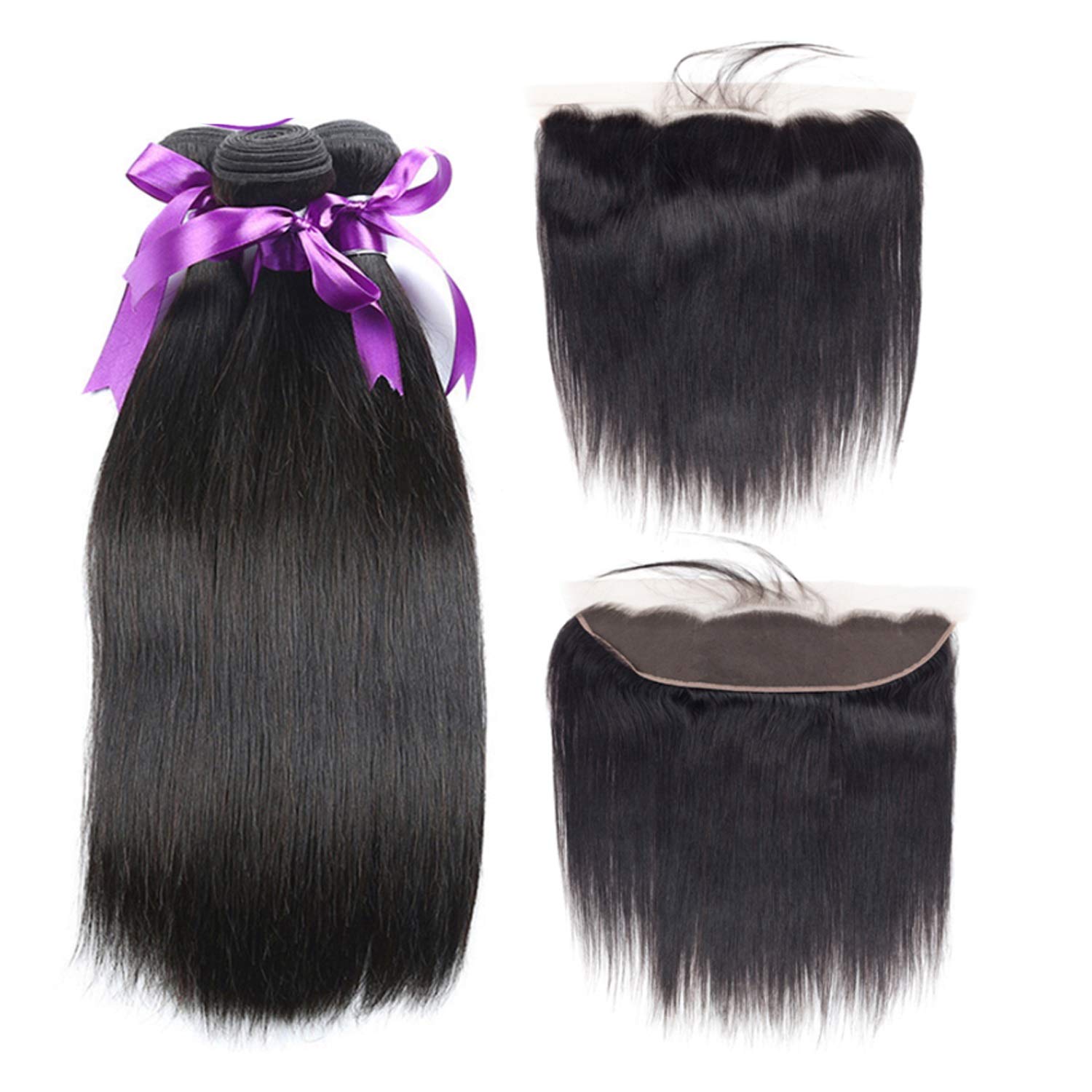 Hair Extensions, Wigs & Accessories Peruvian Straight 3 Bundles With 13 * 4 Lace Frontal Closure Hair Weave Bundles With Baby Hair Non Remy Human Hair Extension for Women (Length : 26 26 26Cl20)