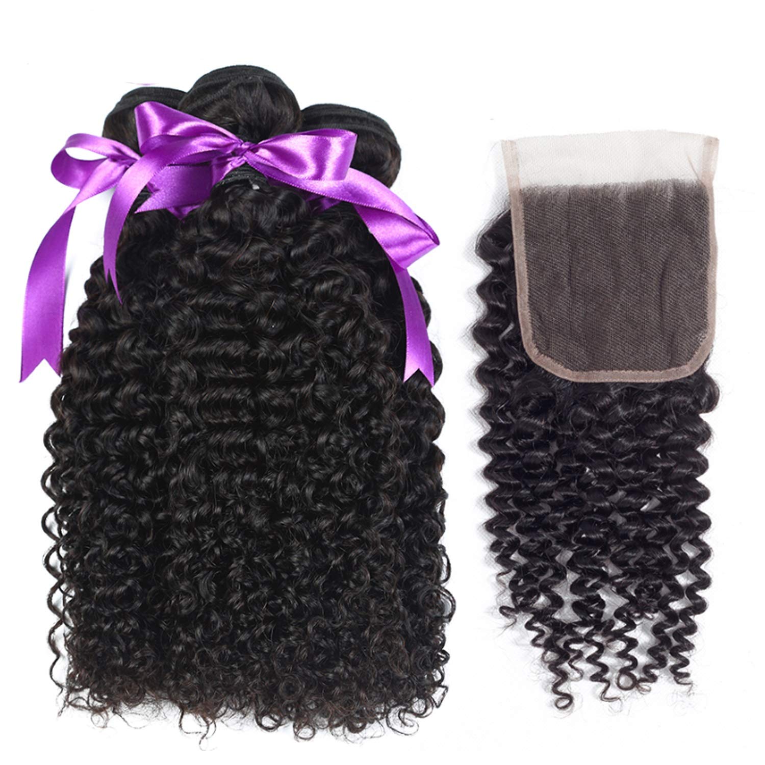 Hair Extensions, Wigs & Accessories Brazilian Kinky Curly Hair 3 Bundles with 4 * 4 Closure Human Hair Bundles with Closure Human Hair Weave for Women