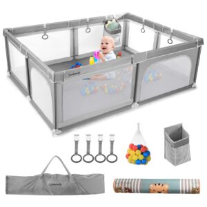 cowiewie baby playpen with mat 80.7x 61 x 27 inch extra large playpen with hanging basket, 50 ocean balls and 4 pull rings, safety mesh playpen, kids activity center, playpen for babies and toddlers