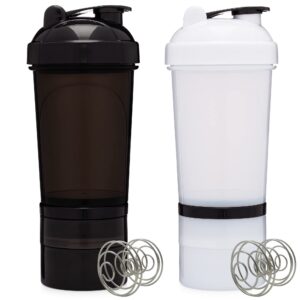 gomoyo [2 pack] 20-oz shaker bottle with attachable storage compartments (white & black - 2 pack) | 20 ounce protein shaker cup with mixing agitator