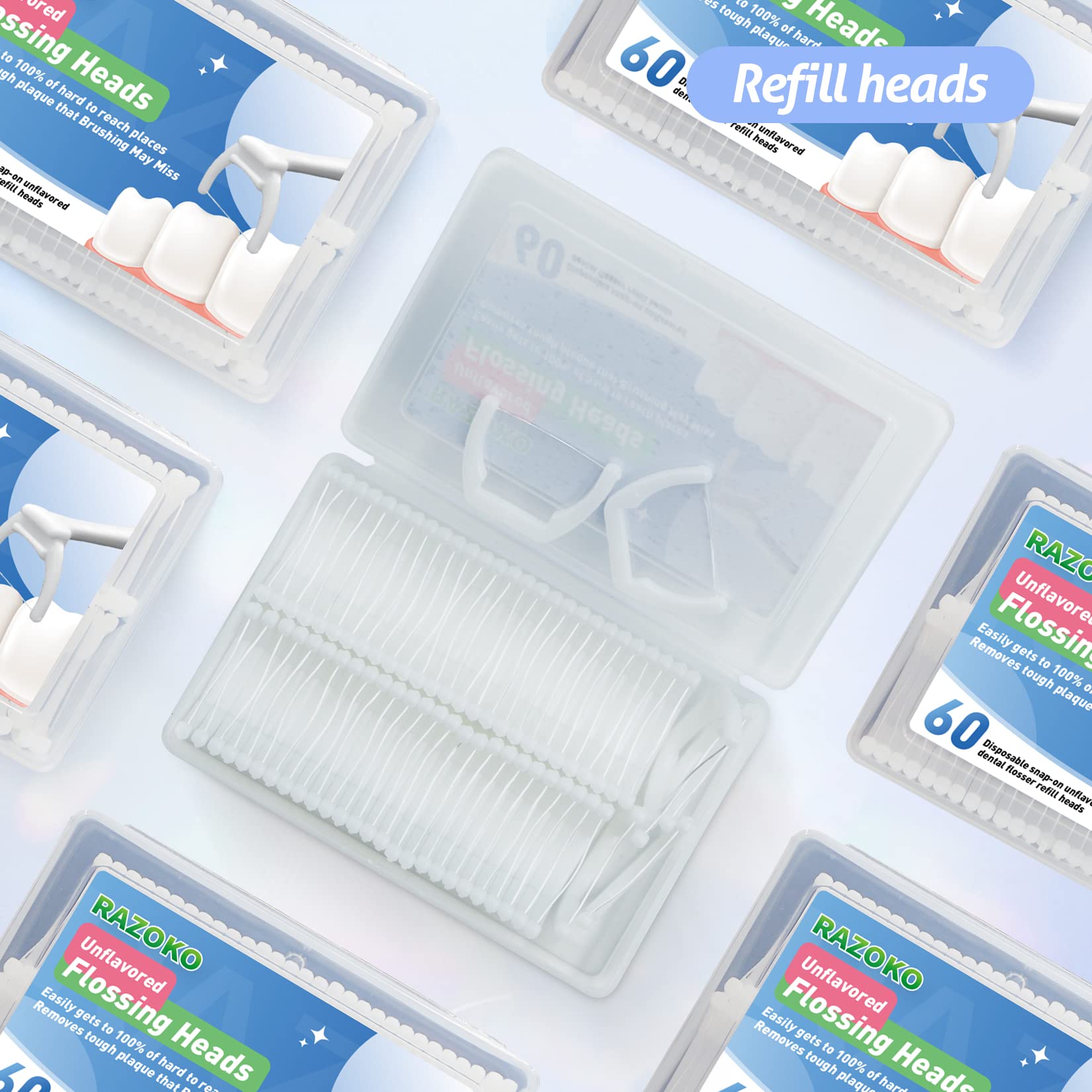 RAZOKO Dental Floss Picks, Clean Dental Flossers Kit with 2 Handle and 180 Extra Strength Refills