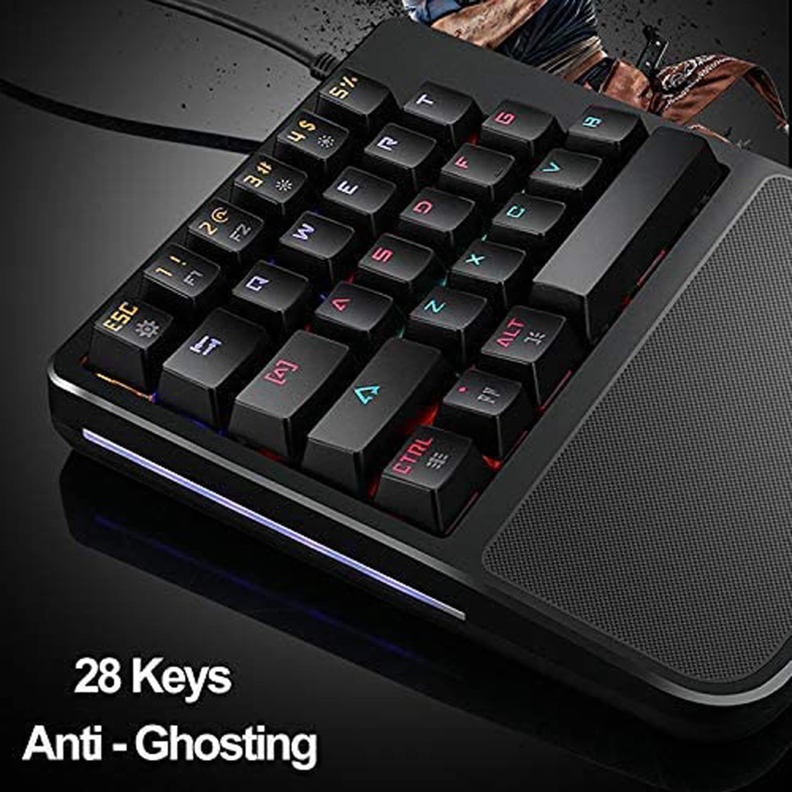 XYLXJ One-Hand Mechanical Keyboard, Wired Gaming Keyboard, 28-Key LED Backlight, Blue Switch, Ergonomic Wrist Strap, for PC Laptop