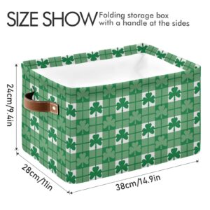 senya St. Patrick's Day Storage Basket, Large Foldable Storage Basket with Handles, Green Shamrocks with Plaid Fabric Collapsible Storage Bins Organizer Bag