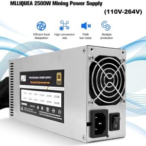 MLLIQUEA 2500W Long-line Mining Power Supply, 2U Mining Power Supply for 8 GPU BTC/ETH Rig Miner Machine, 110V-264V PSU with 12000 RPM Violent Fan