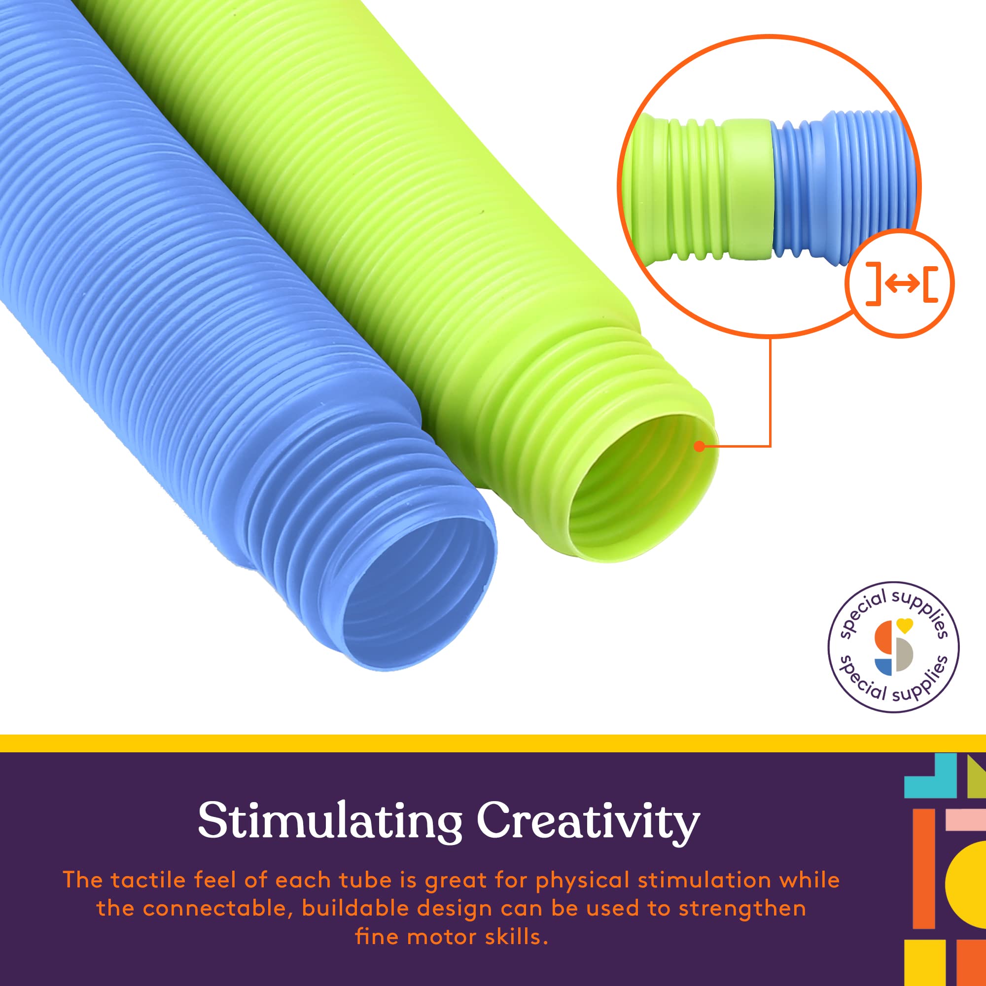 Special Supplies 8-Pack Fun Pull and Stretch Tubes for Kids - Pop, Bend, Build, and Connect Toy, Provide Tactile and Auditory Sensory Play, Colorful, Heavy-Duty Plastic (Huge)