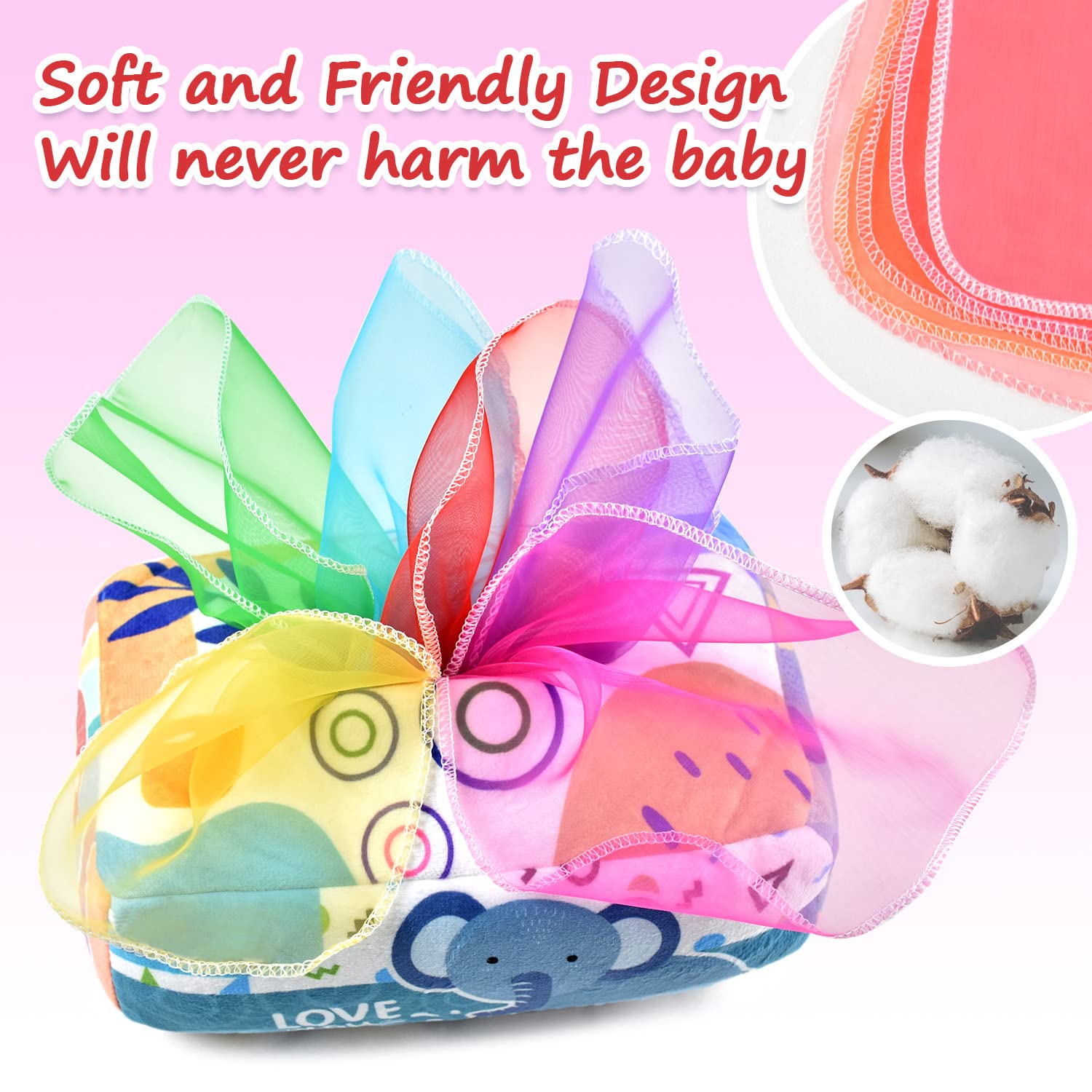 NextPro Baby Tissue Box Toy, Pull Along Magic Sensory 12 Colors Tissues, 3 Crinkle Tissues for Babies, Kids, Toddlers and Infants