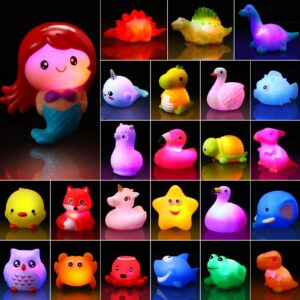 24 packs baby bath light up toys, floating rubber animal toys for toddlers infant kids boys girls flashing color changing light in water bath toys for bathtub bathroom shower games swimming pool