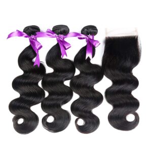 hair extensions, wigs & accessories malaysian body wave 3 bundles with 4 * 4 closure middle three free part 100% human hair non remy hair extension for women