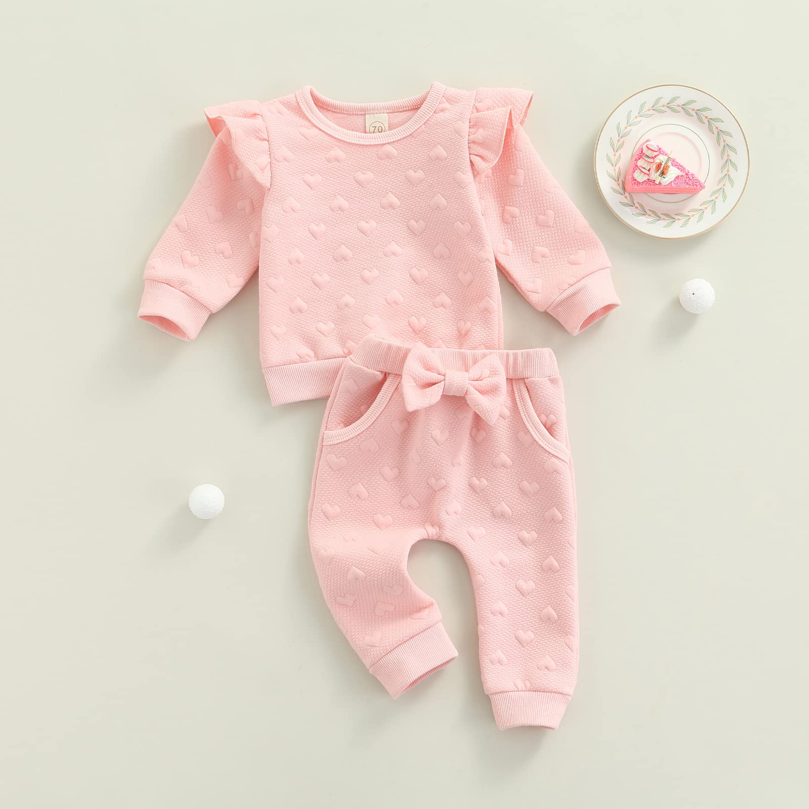 Newborn Baby Girl 2pcs Clothes Fall Winter Heart Sweatshirt Pullover Top and Bowknot Pants Valentine´s Day Outfits (Pink, 6-12 Months)