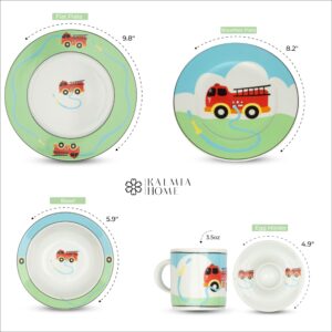 Children's Porcelain Dinnerware Sets, Kids Dinnerware Sets, Kids Porcelain Plates - Bowl - Junior Mug - Egg Cup Sets, Children's Porcelain Tableware Sets (Firetruck)