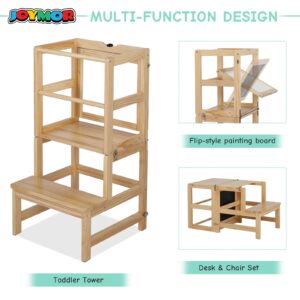 JOYMOR Kids Kitchen Standing Tower with Safety Rail, Chalkboard, Children Learning Step Tower for Kitchen Counter, Mothers' Helper (Natural)